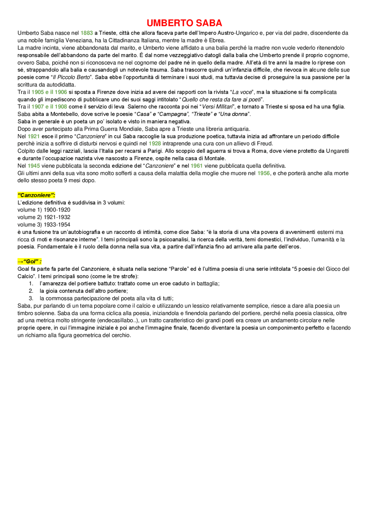 Umberto Saba Vita E Opere Docsity