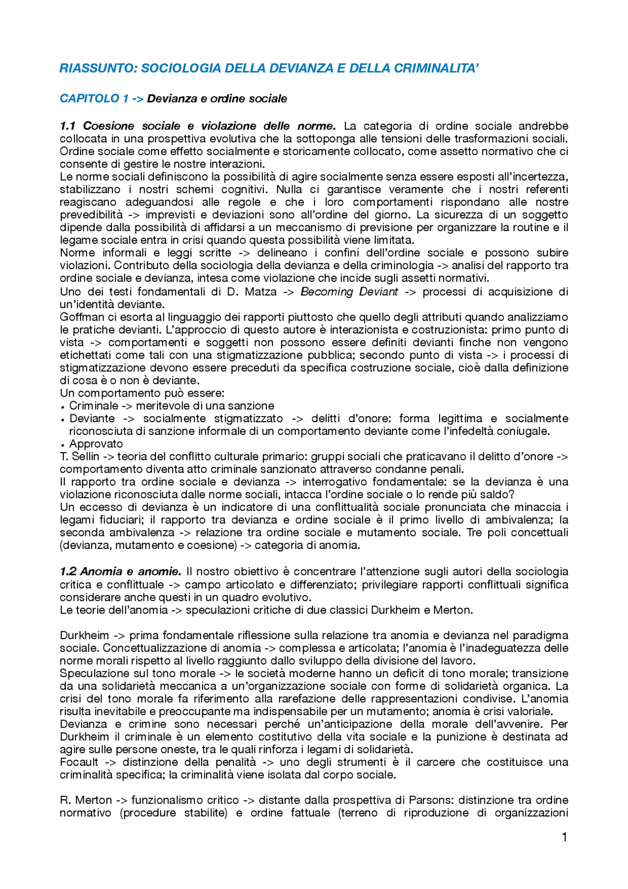Sociologia Della Devianza E Della Criminalità Docsity