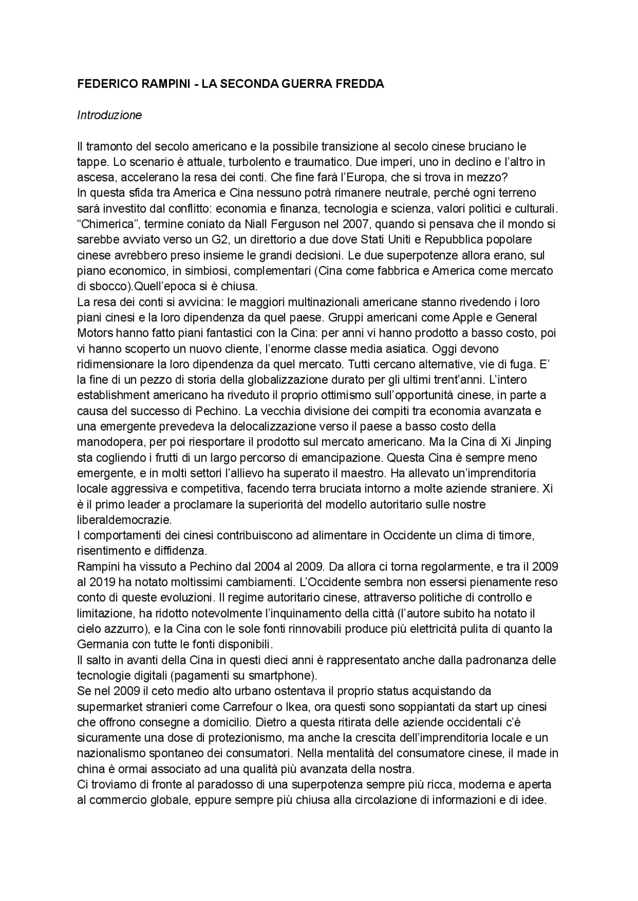 La Seconda Guerra Fredda Rampini Riassunto Docsity