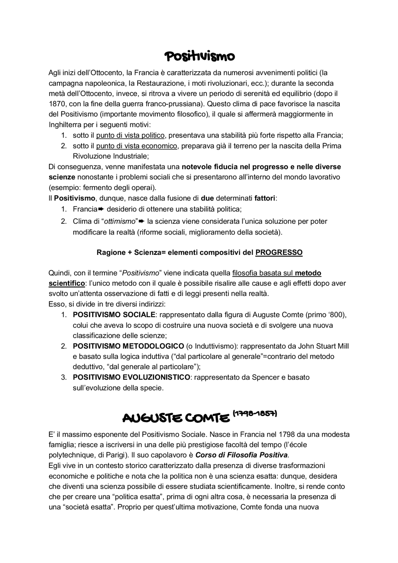 Appunti Semplici E Completi Positivismo Comte Docsity