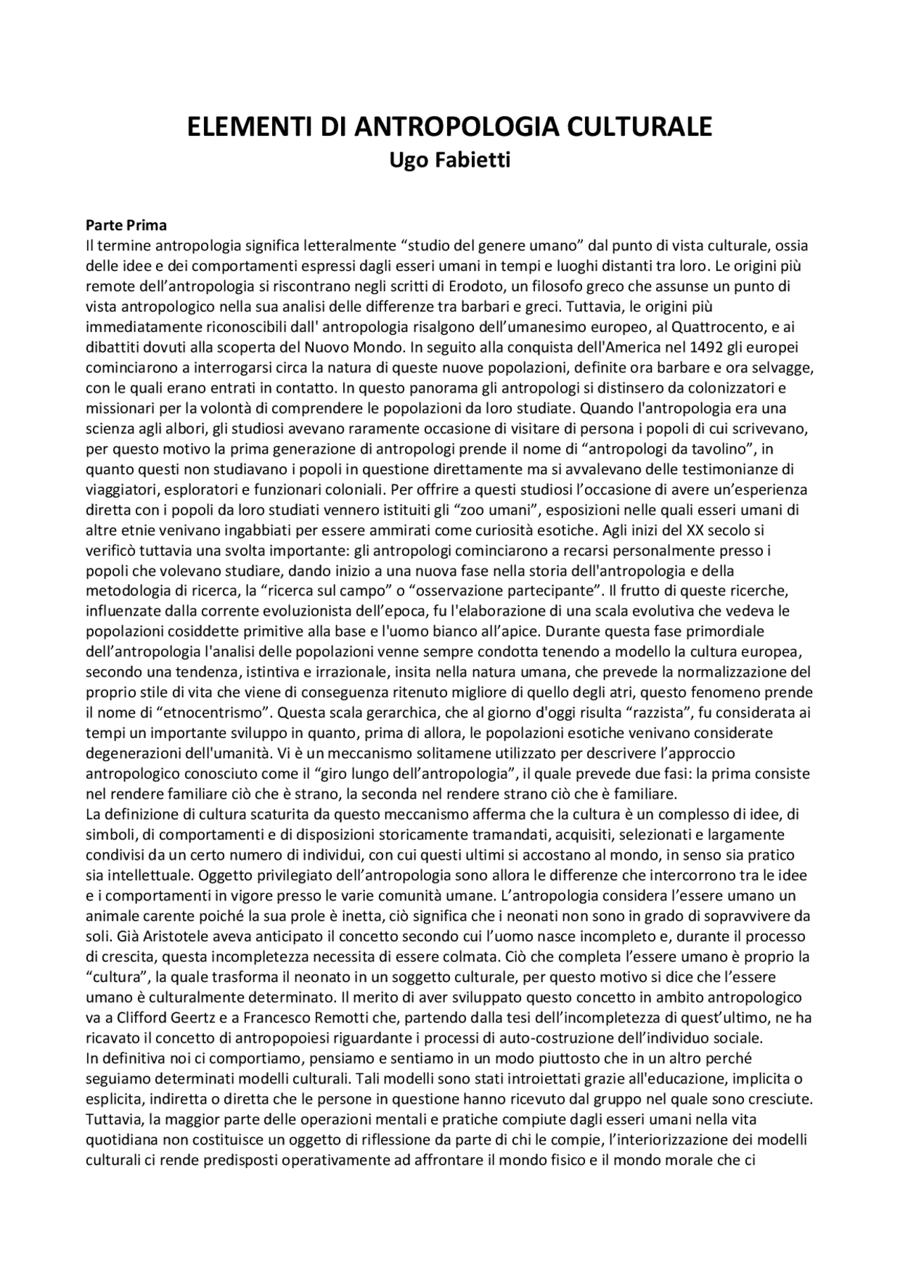 Elementi Di Antropologia Culturale U Fabietti Docsity