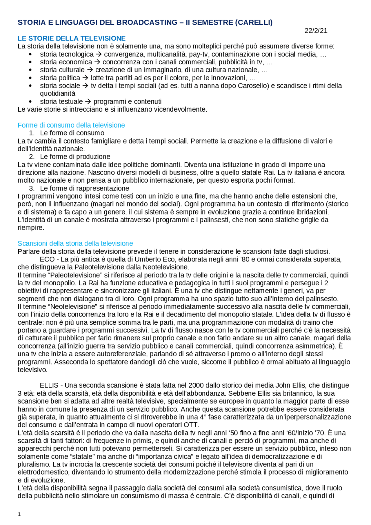 Appunti Storia E Linguaggi Del Broadcasting 2° Sem Docsity