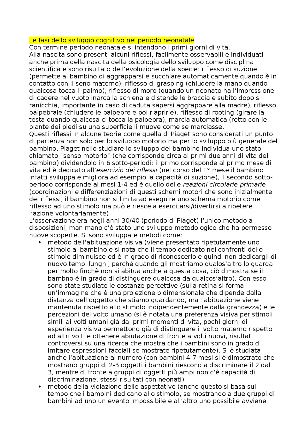 Sviluppo Cognitivo Appunti Docsity