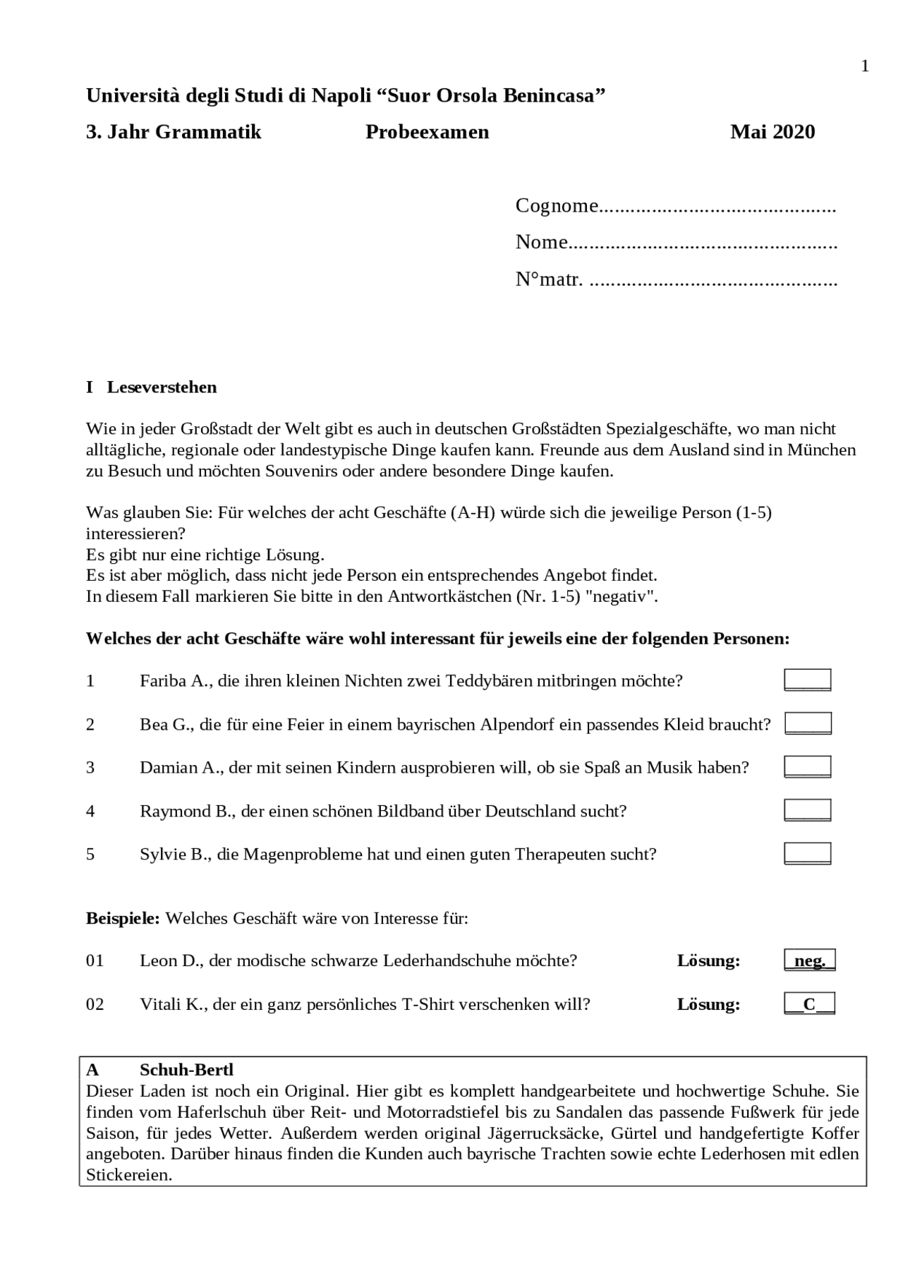 PROVA DI ESAME TEDESCO 3 - Docsity