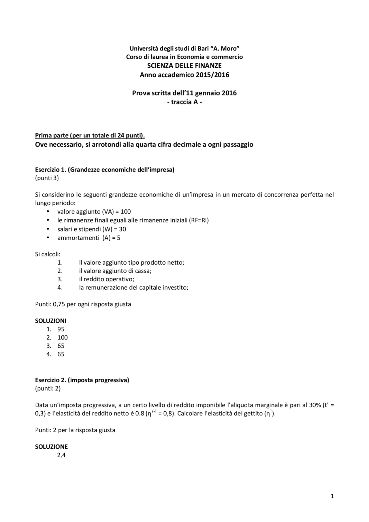 Soluzioni esercizi num.1 - Docsity