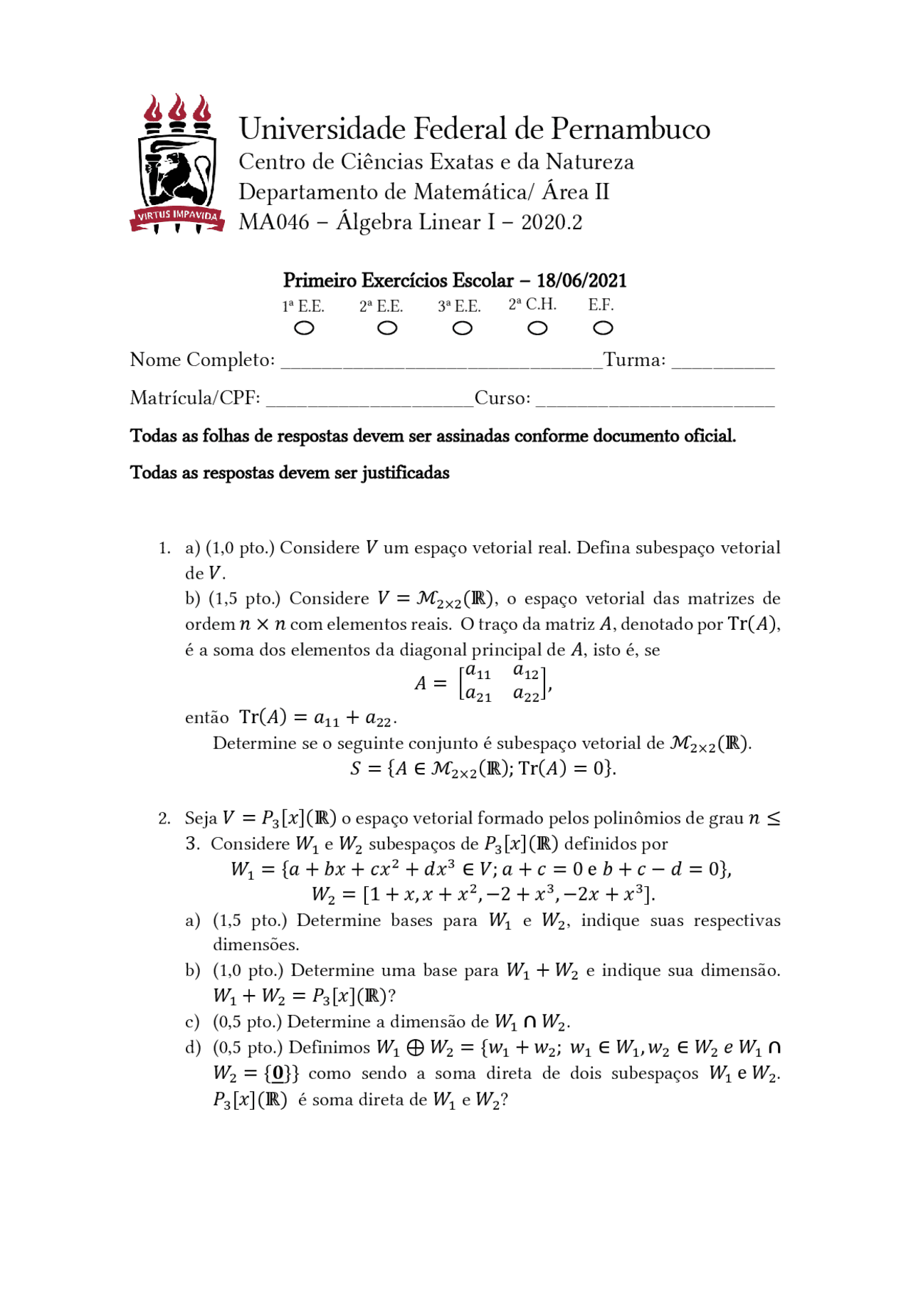 prova de álgebra linear ufpe | Provas Matemática | Docsity
