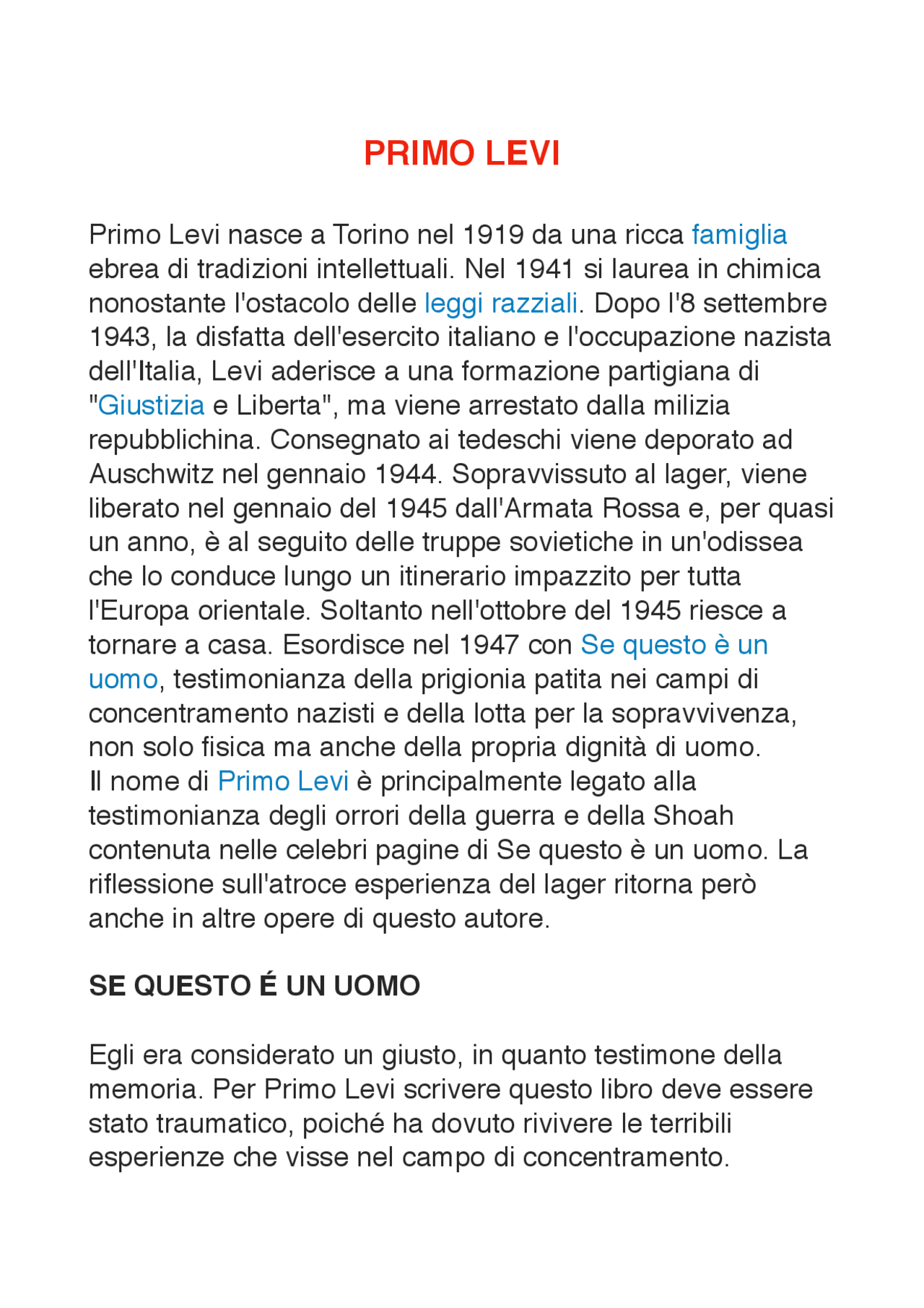PRIMO LEVI + opera importante - Docsity