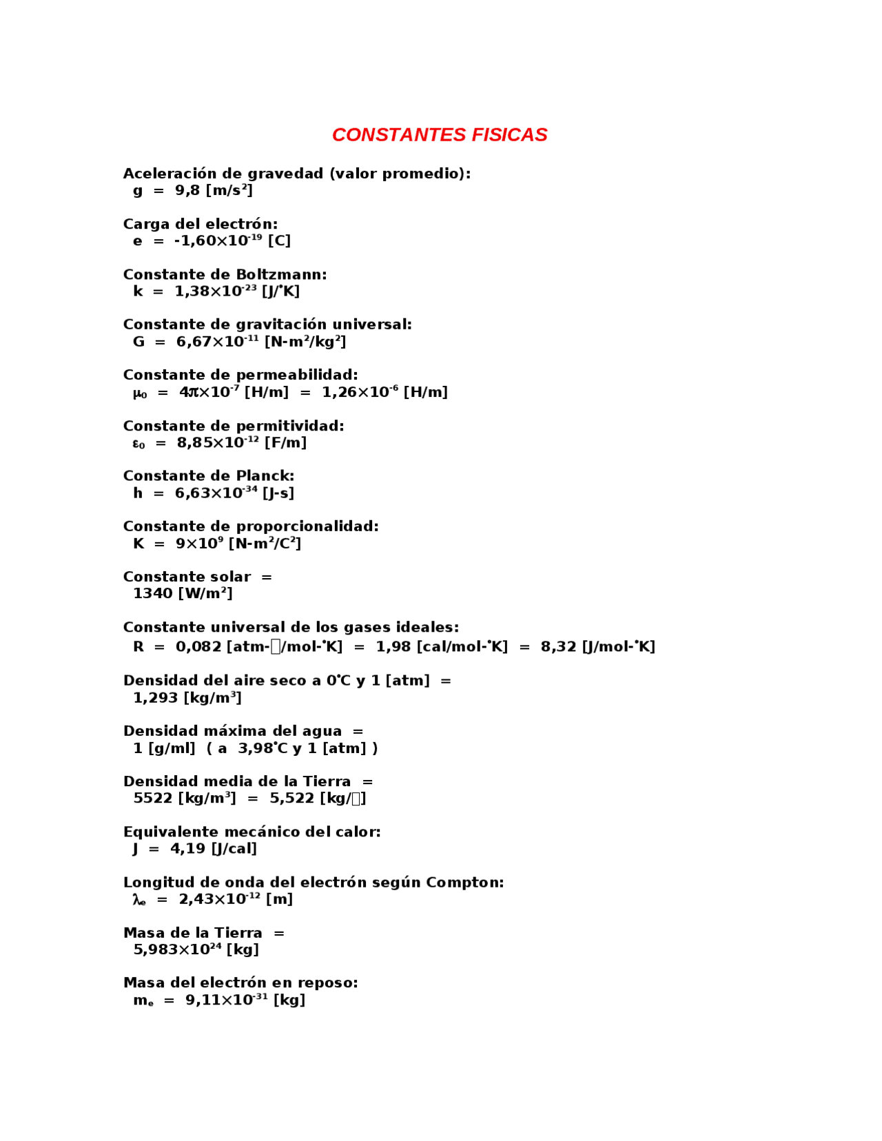 Constantes comunes para matemáticas y/o ciencias - Docsity