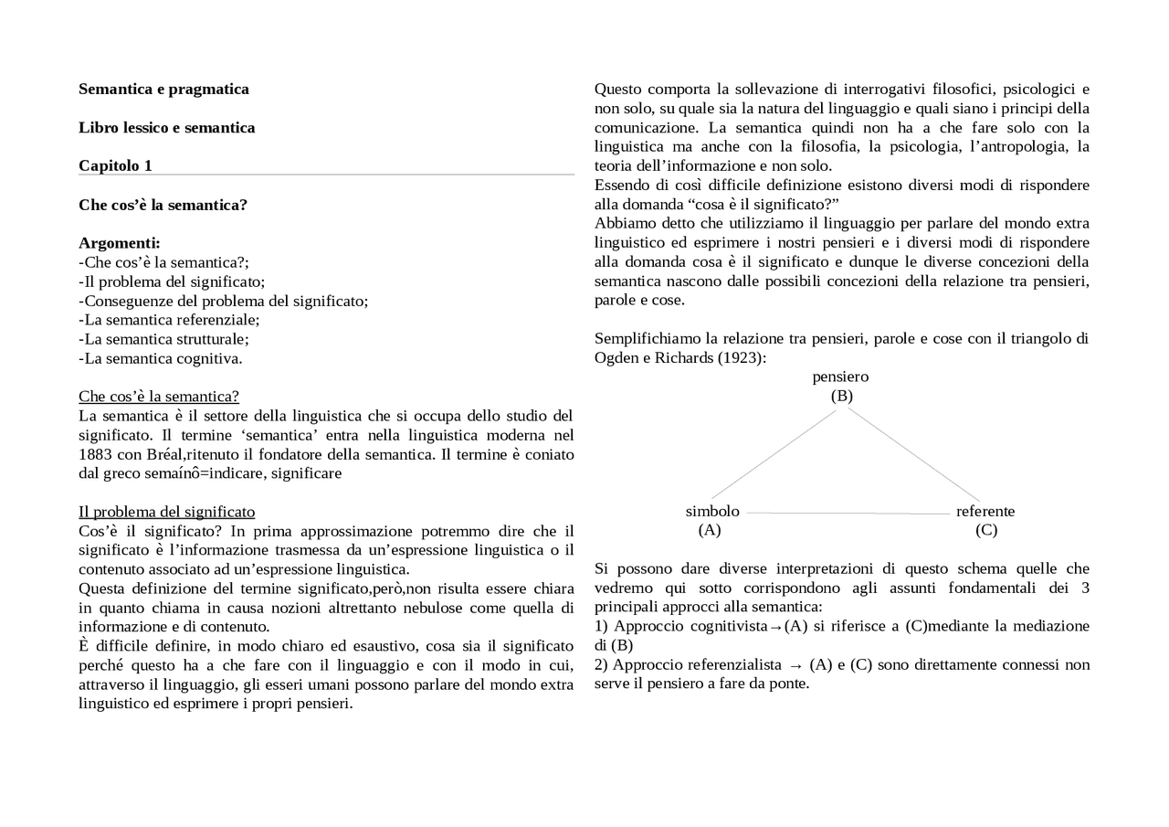 Riassunto lessico e semantica - Docsity