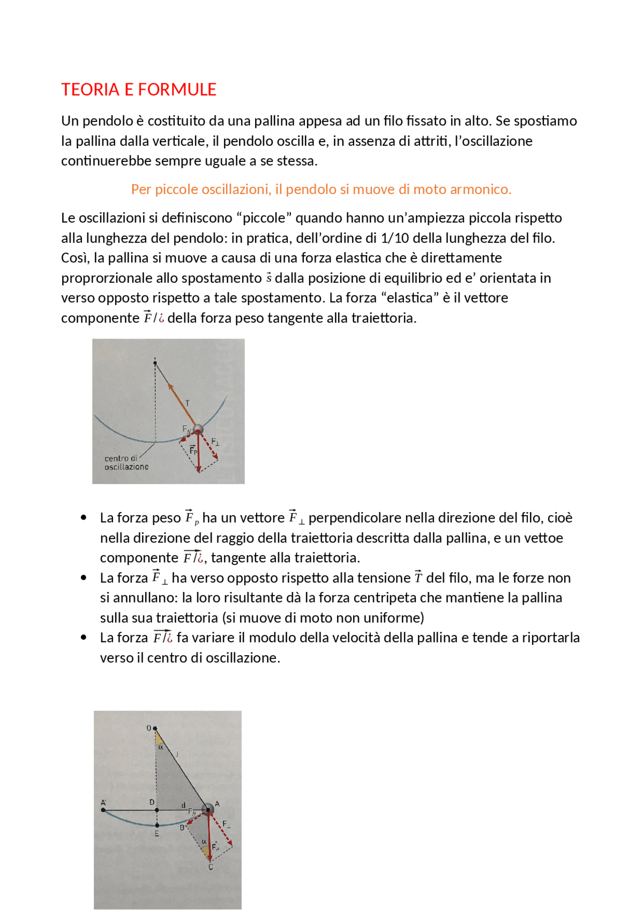Teoria e formule di un pendolo | Formulari di Fisica | Docsity