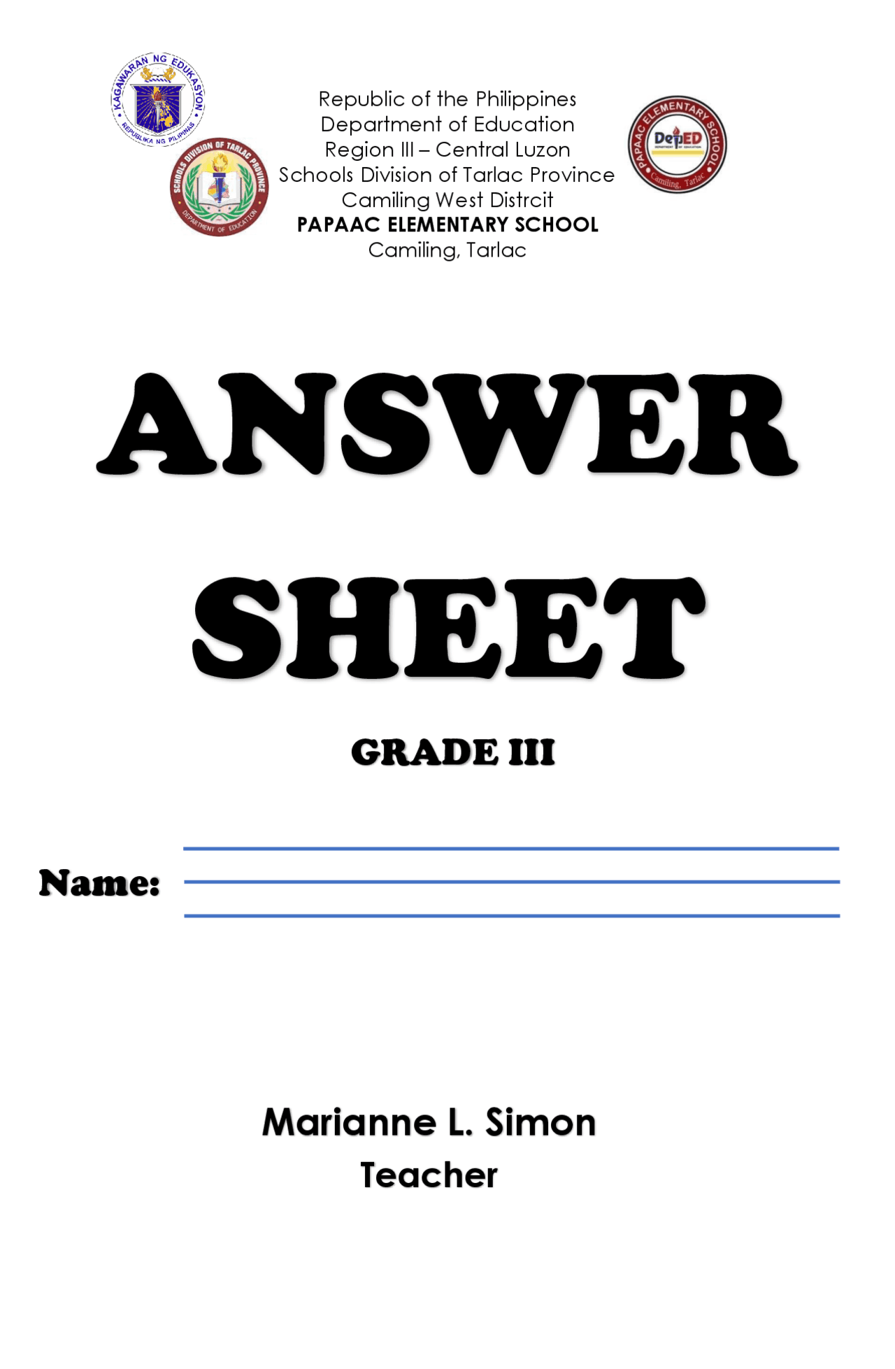 ANSWER SHEET GRADE III Marianne L. Simon - Docsity