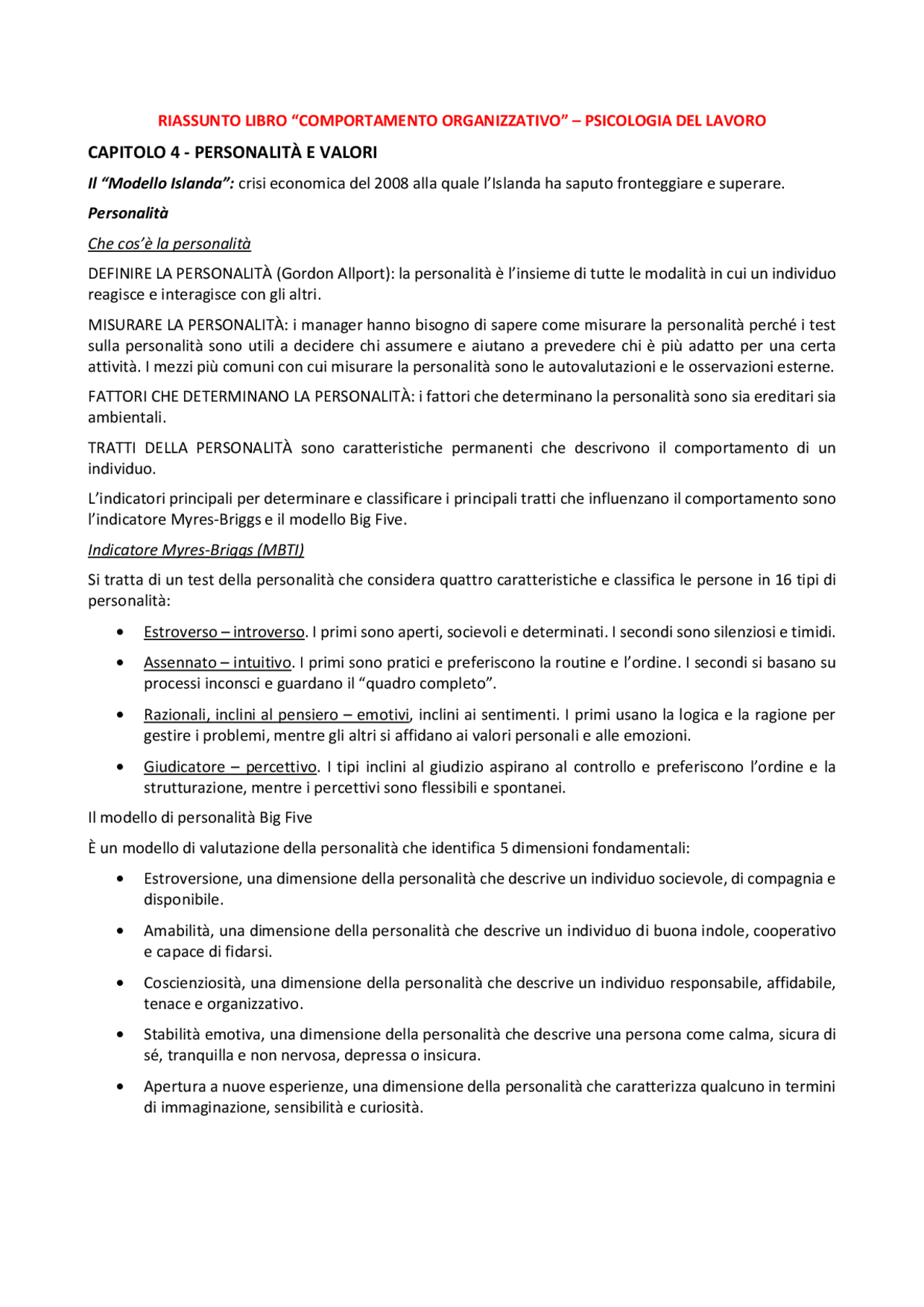 Riassunto Libro Comportamento Organizzativo” Cap 4 Docsity