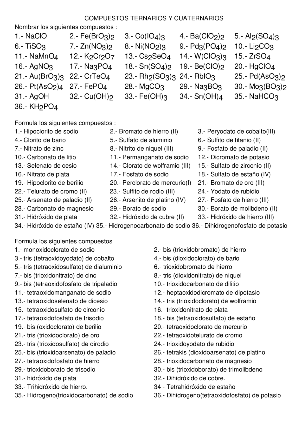Formulación Inorgánica - Compuestos ternarios - Docsity