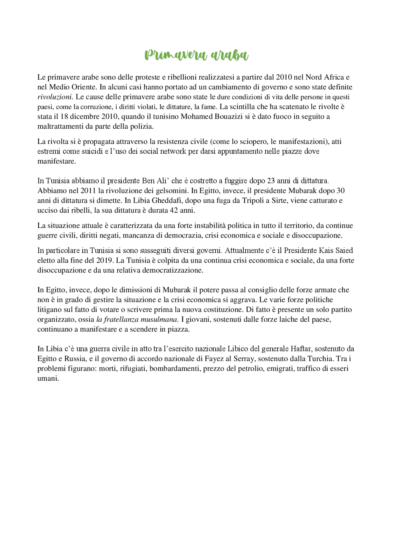 Primavere arabe - storia contemporanea e del mediterraneo - Docsity