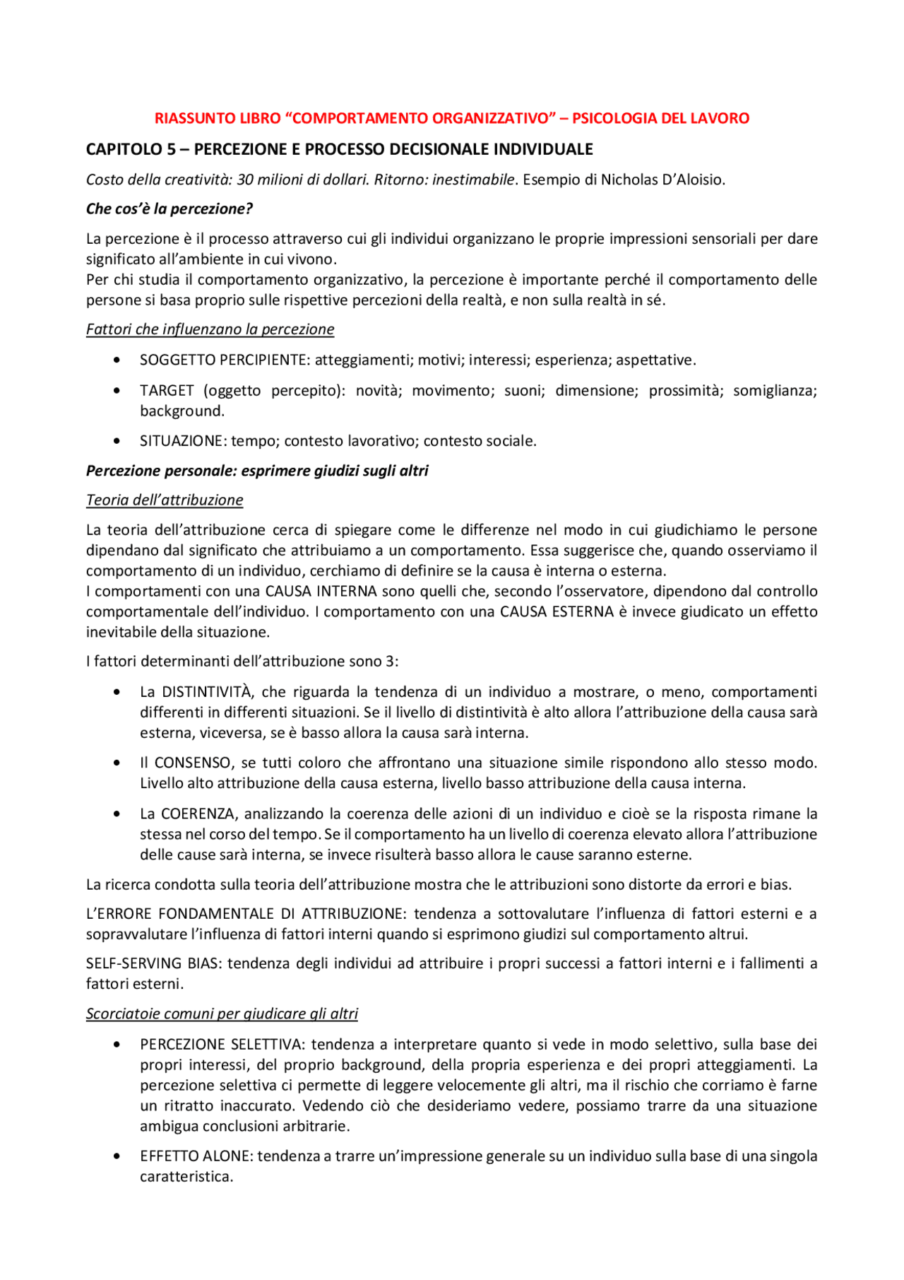 Riassunto Libro Comportamento Organizzativo” Cap 5 Docsity