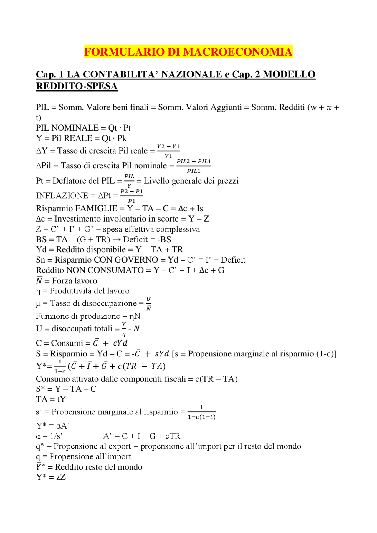 Formulario Di Macroeconomia Formulari Di Macroeconomia Docsity