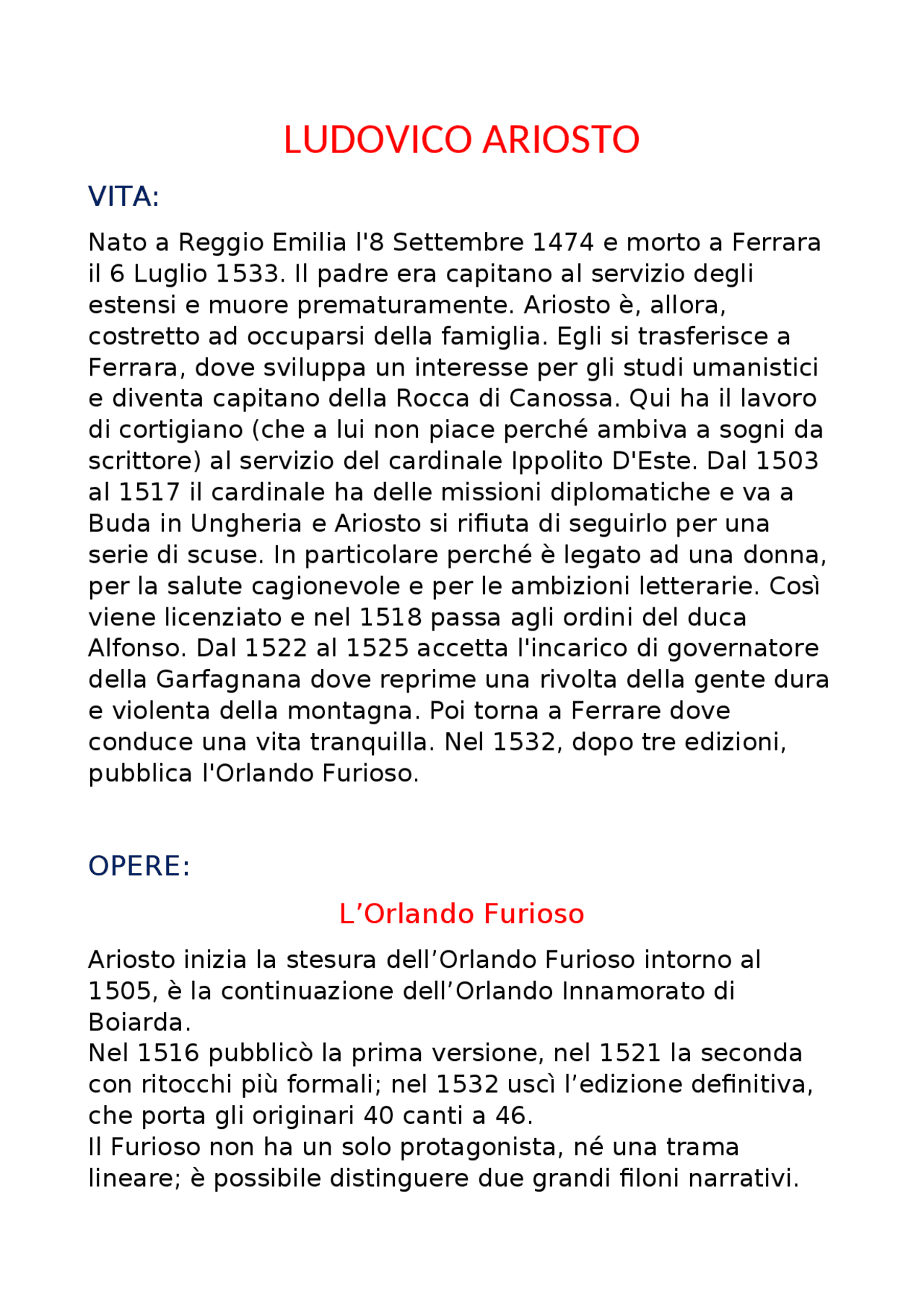 Ludovico Ariosto E La Sua Produzione Docsity