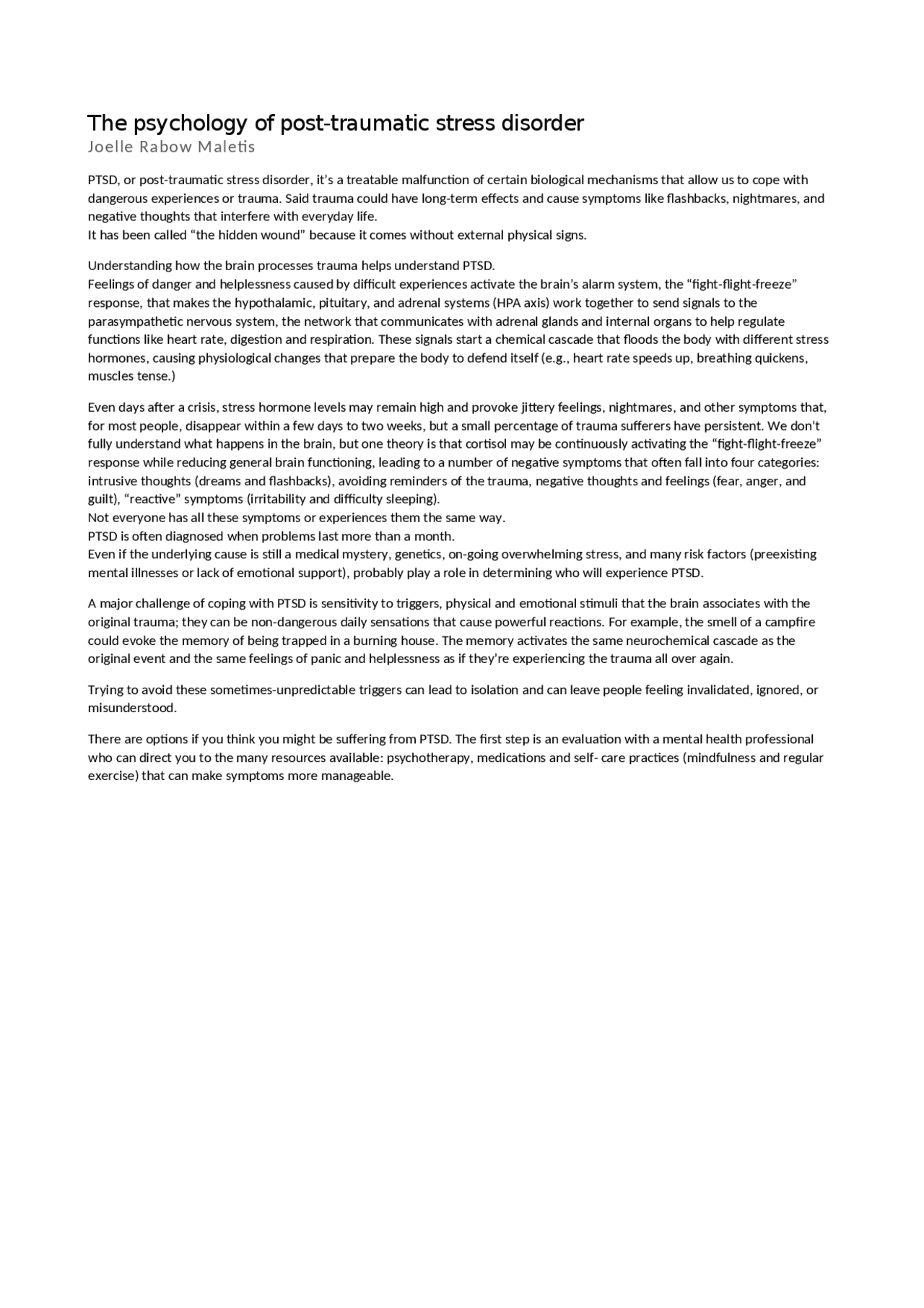 The psychology of PTSD - reading inglese b2 psicologia 2 anno - Docsity