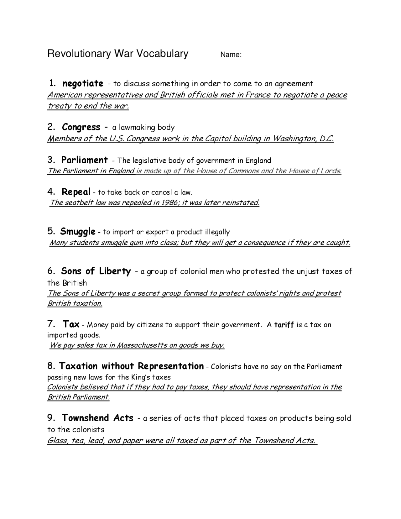 Revolutionary War Vocabulary - Docsity