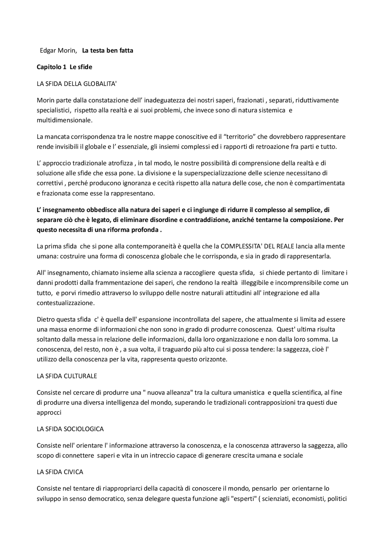 Riassunto La Testa Ben Fatta Di E Morin Docsity