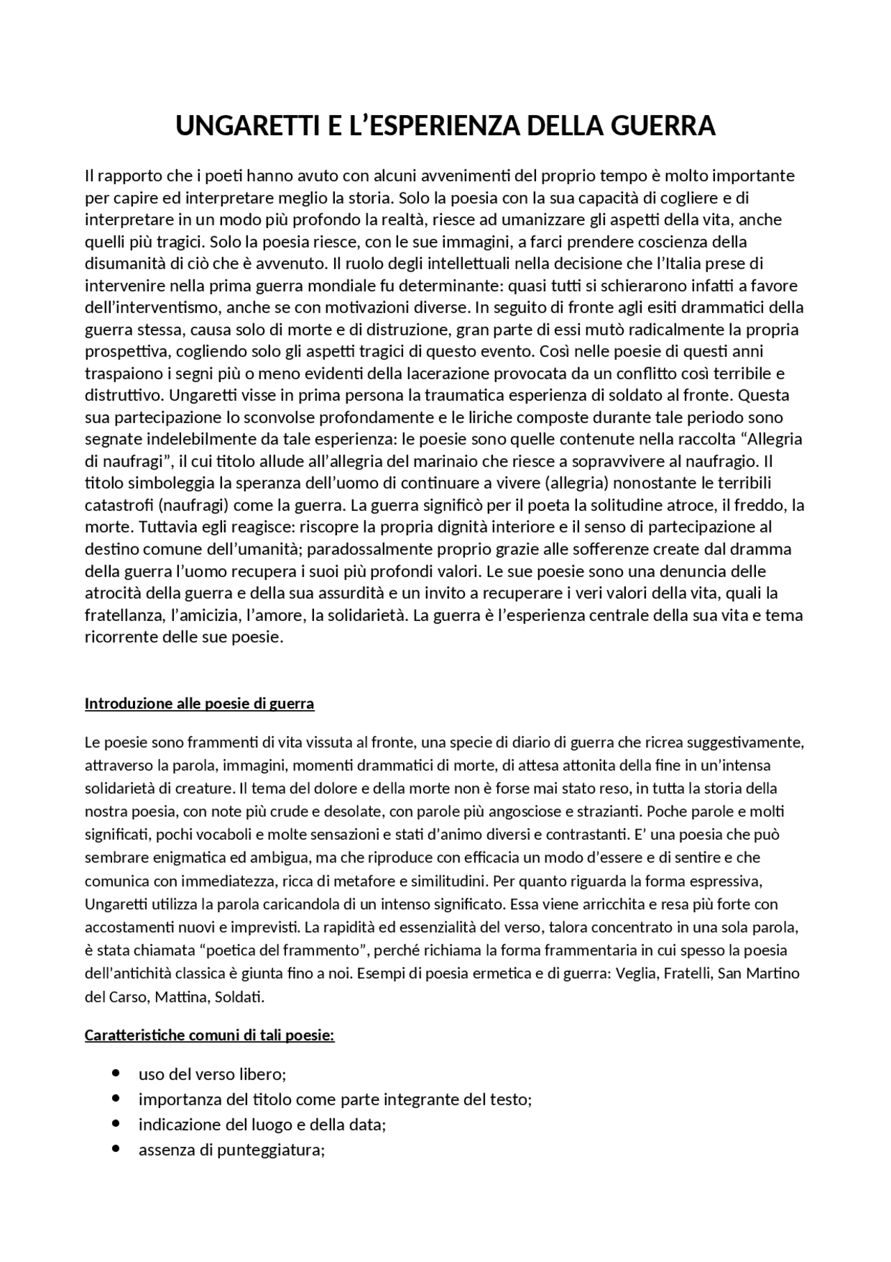 Poeti Di Fronte La Guerra Ungaretti Quasimodo E Saba Docsity