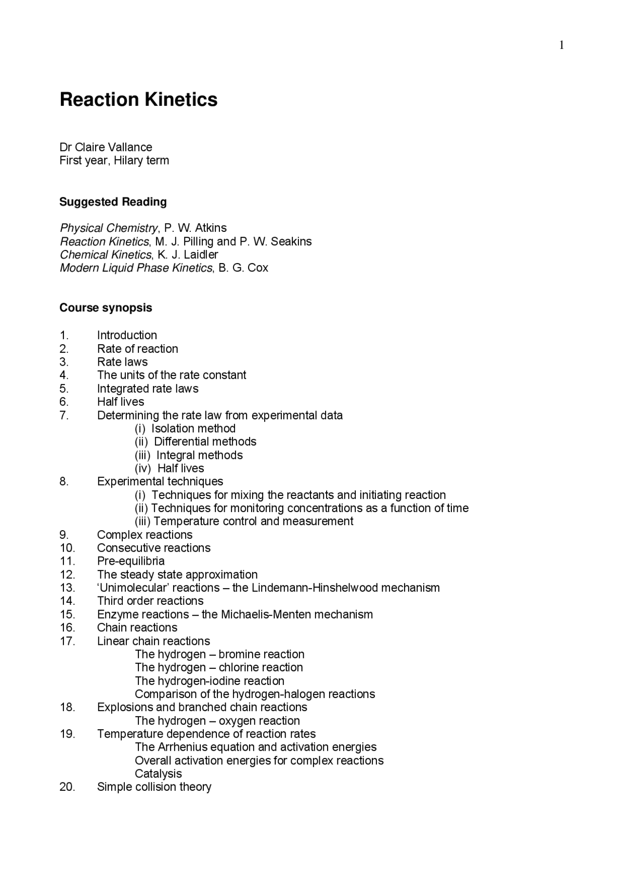 Lecture Notes On Reaction Kinetics Physical Chemistry Docsity