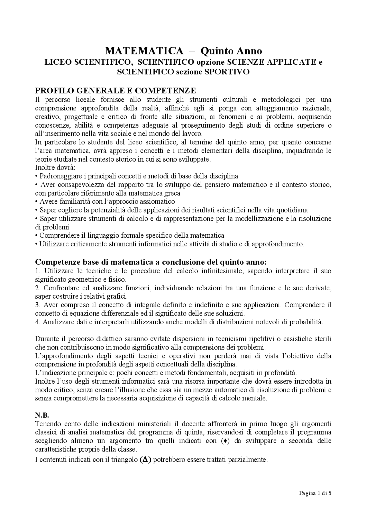 Matematica Programma Quinte Docsity