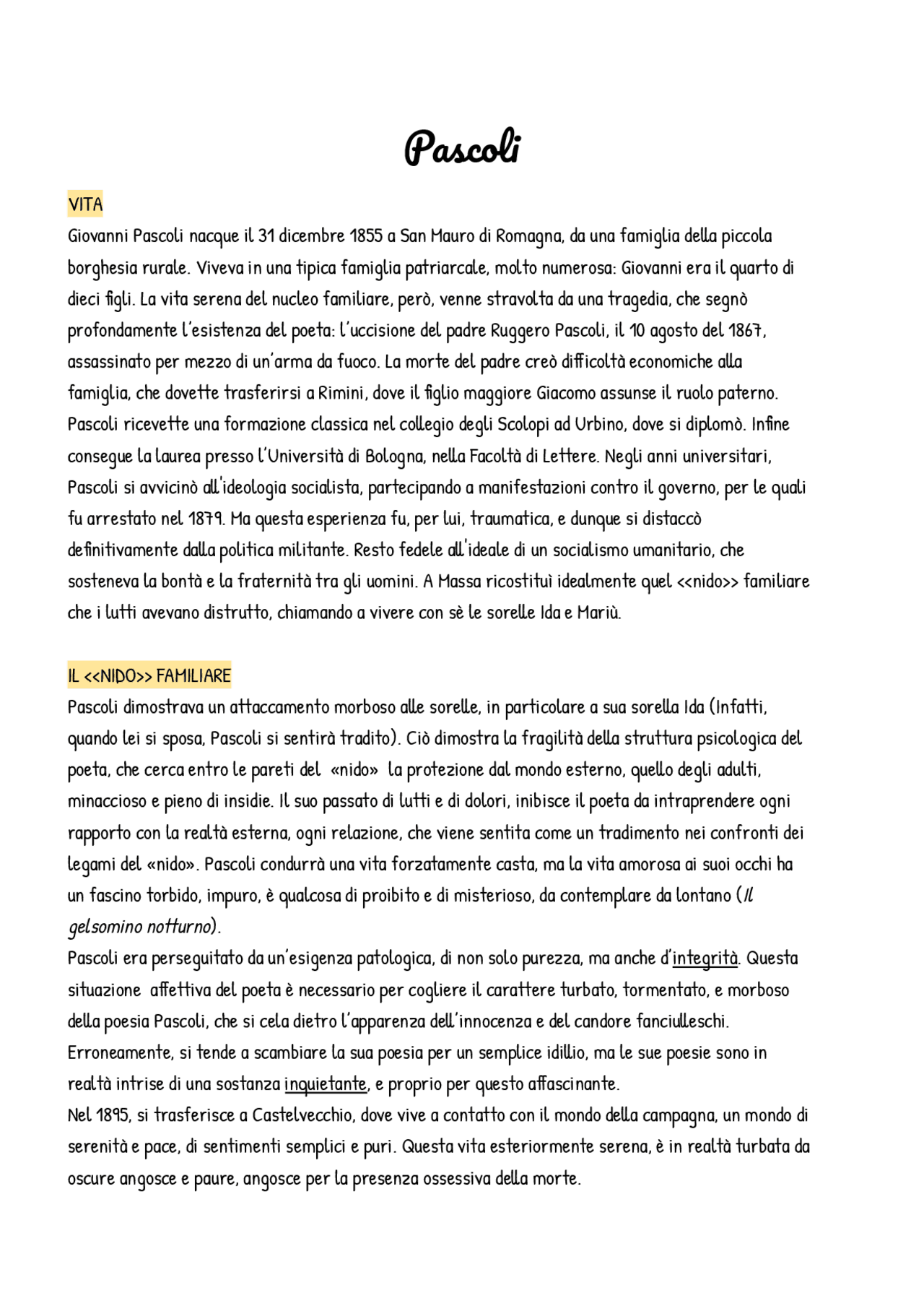 Appunti Giovanni Pascoli Docsity