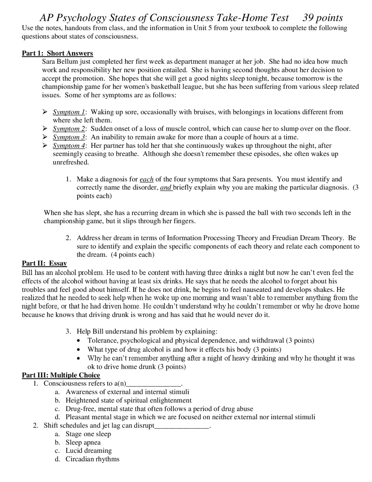 Psychology Consciousness Quiz | Exercises Psychology | Docsity