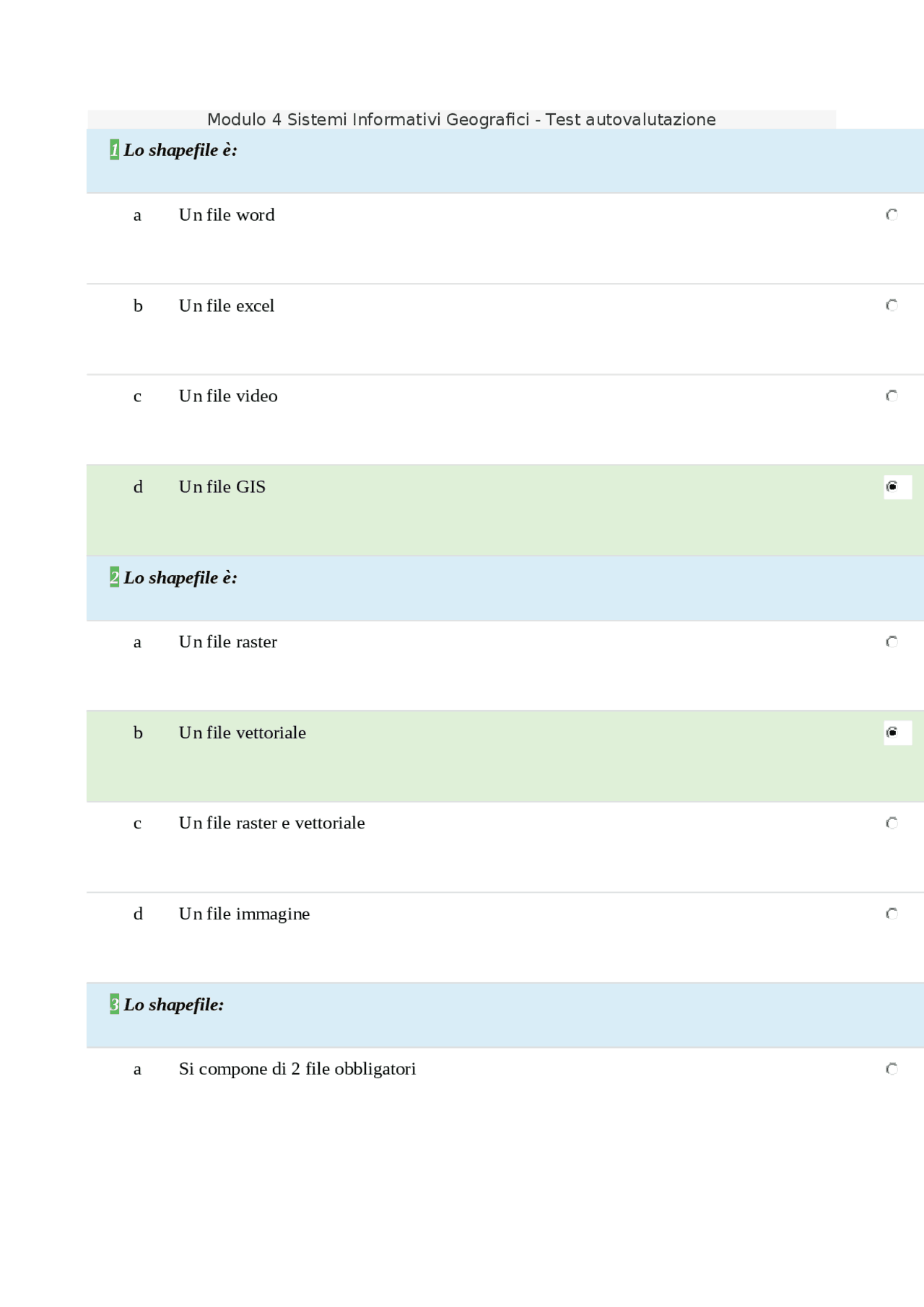 Test Autovalutazione Modulo 4 Sistemi Informativi Geografici Docsity