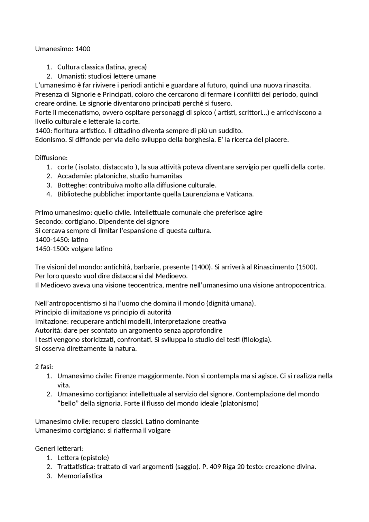 Umanesimo Piccolo Riassunto Docsity