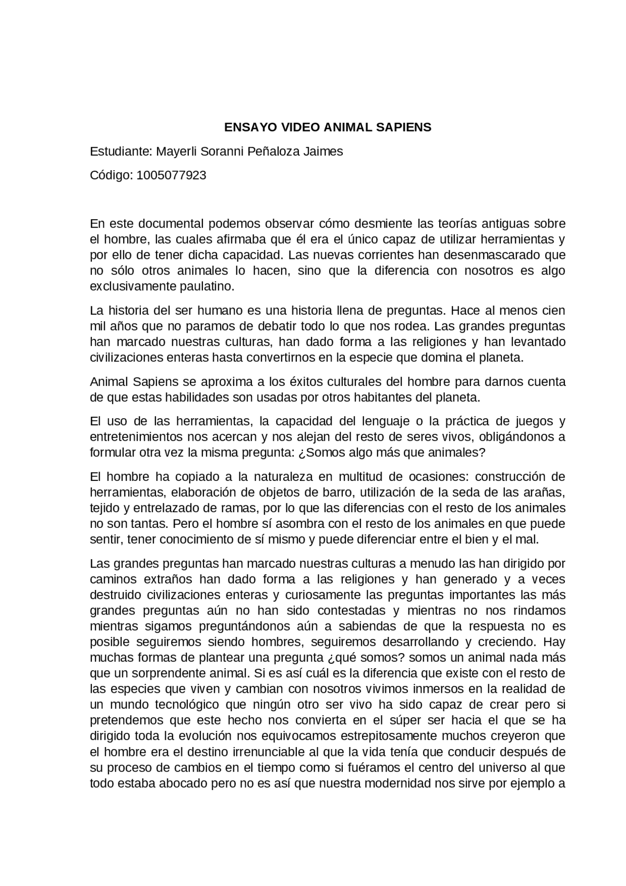 ENSAYO VIDEO ANIMALS SAPIENS - Docsity