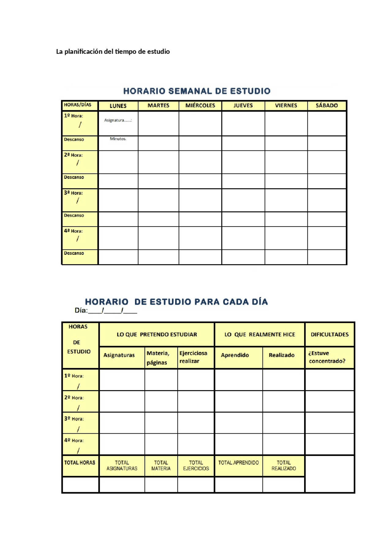 Horario semanal de estudio - Docsity