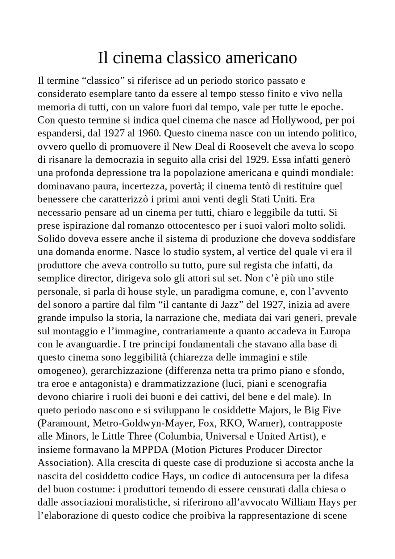 Riassunto Sul Cinema Classico Docsity