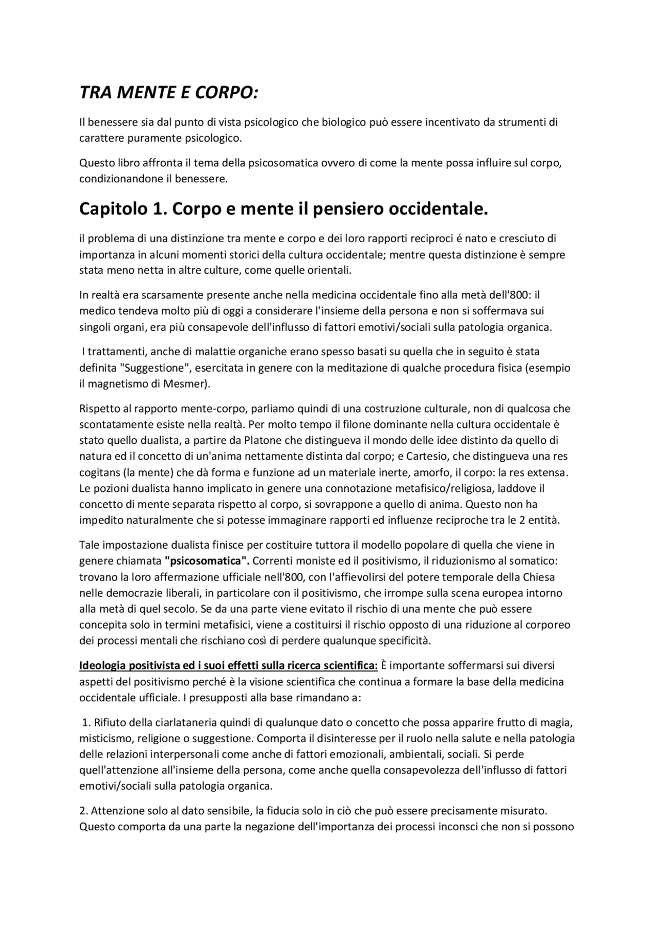 Riassunto Tra Mente E Corpo Docsity