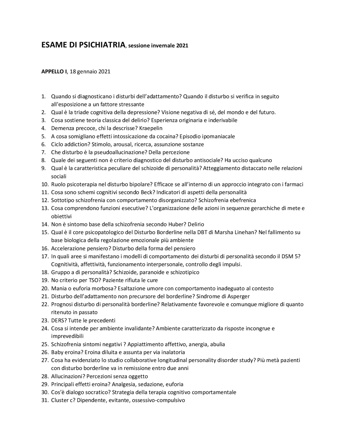 Prof Sanza Esame Psichiatria Domande Sessione Invernale 2021 Docsity