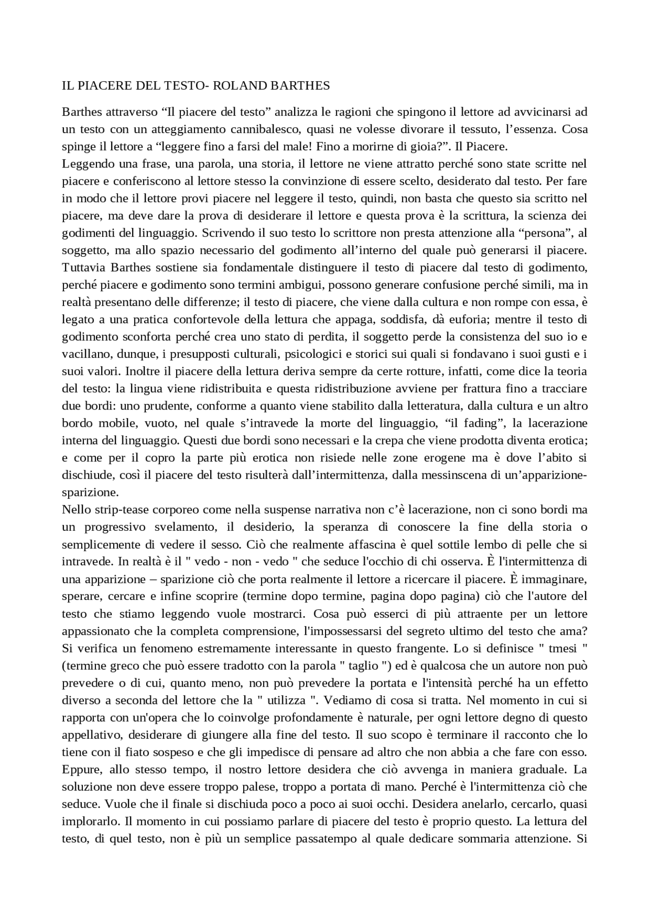 Il Piacere Del Testo Ronald Barthes Docsity