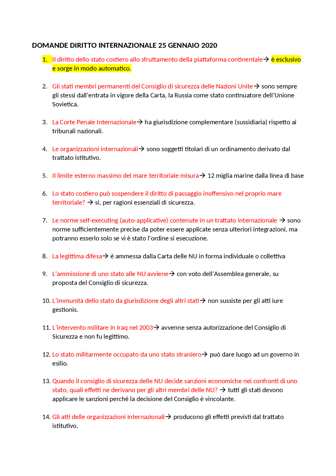 Quiz 25/1 Diritto internazionale | Prove d'esame di Diritto Internazionale - Docsity