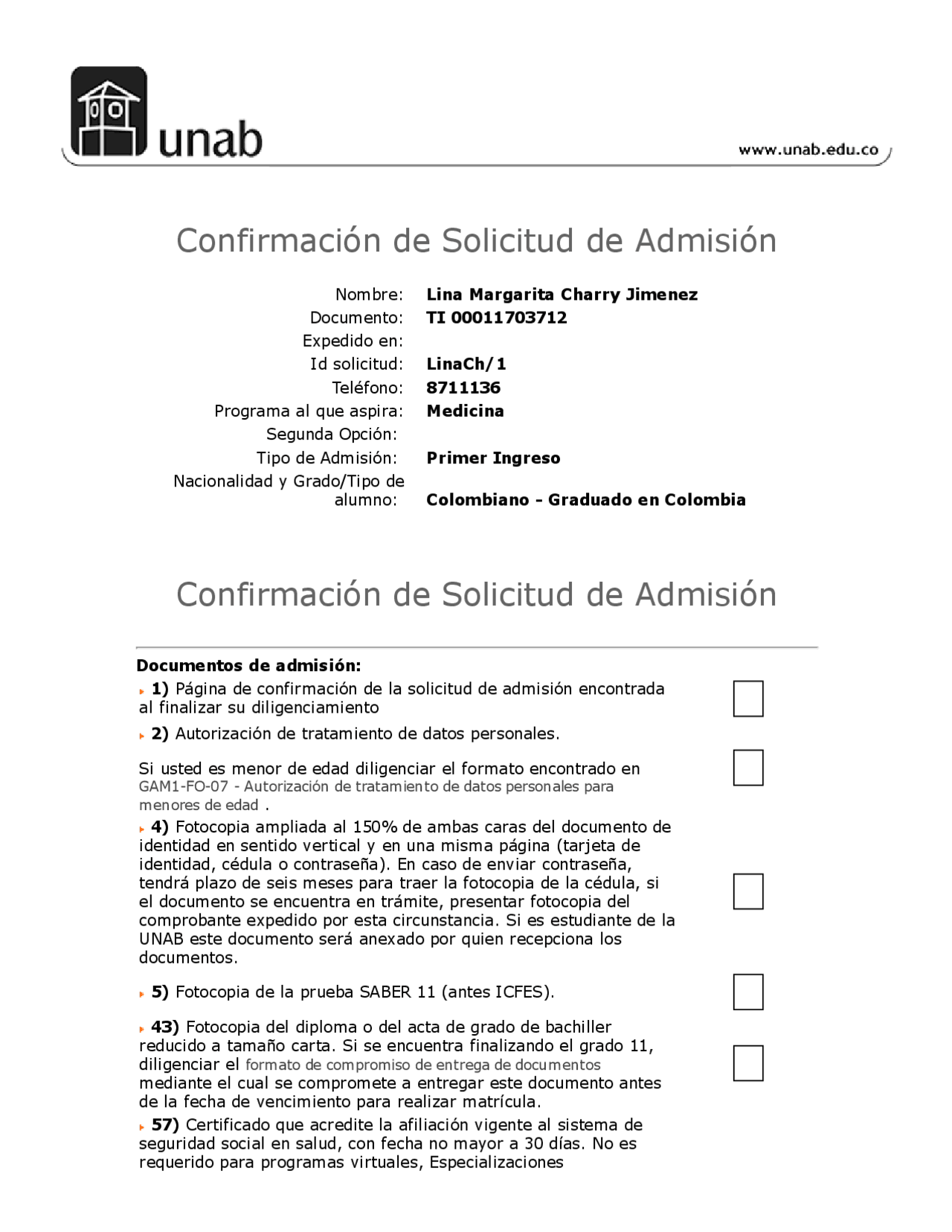 CONFIRMACIÓN DE SOLICITUD - Docsity