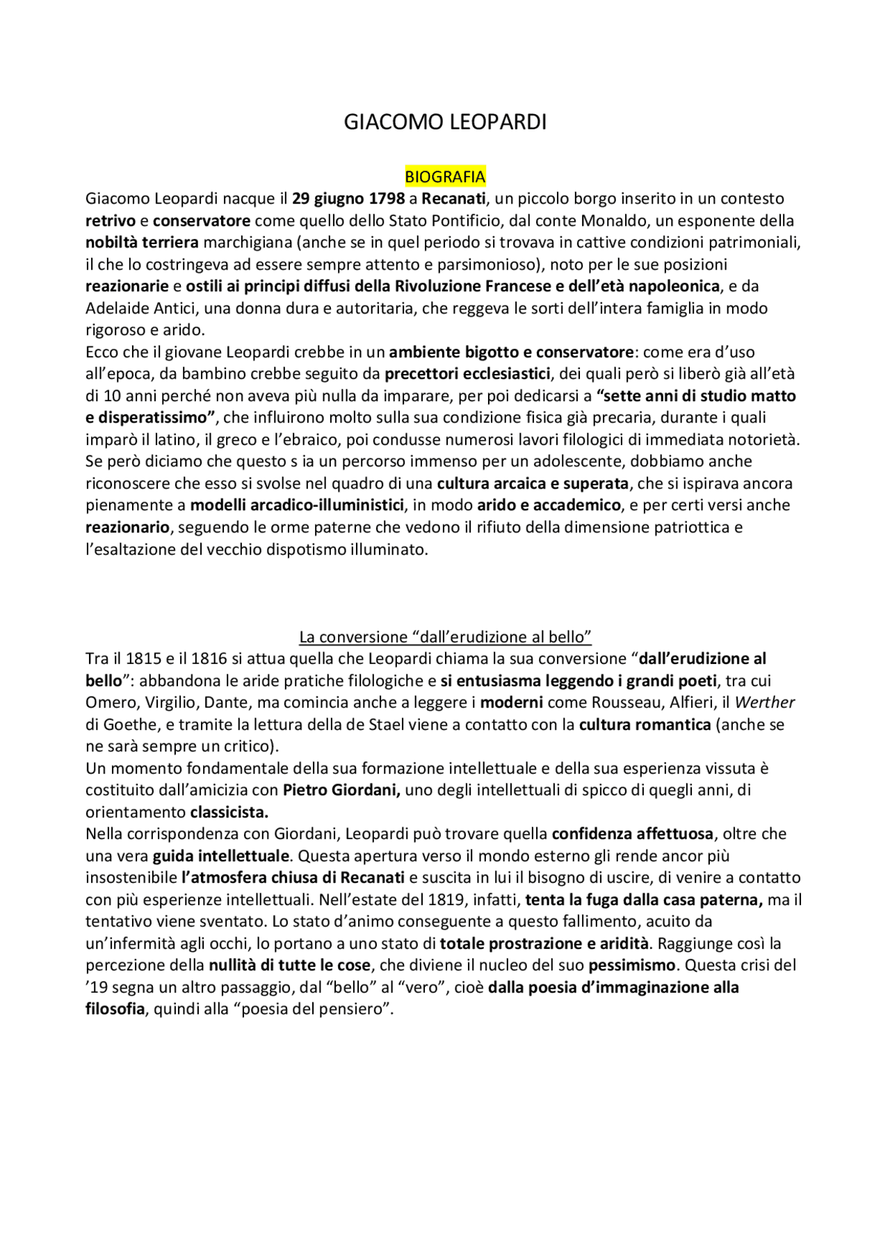 Leopardi Pensiero E Analisi Opere Docsity
