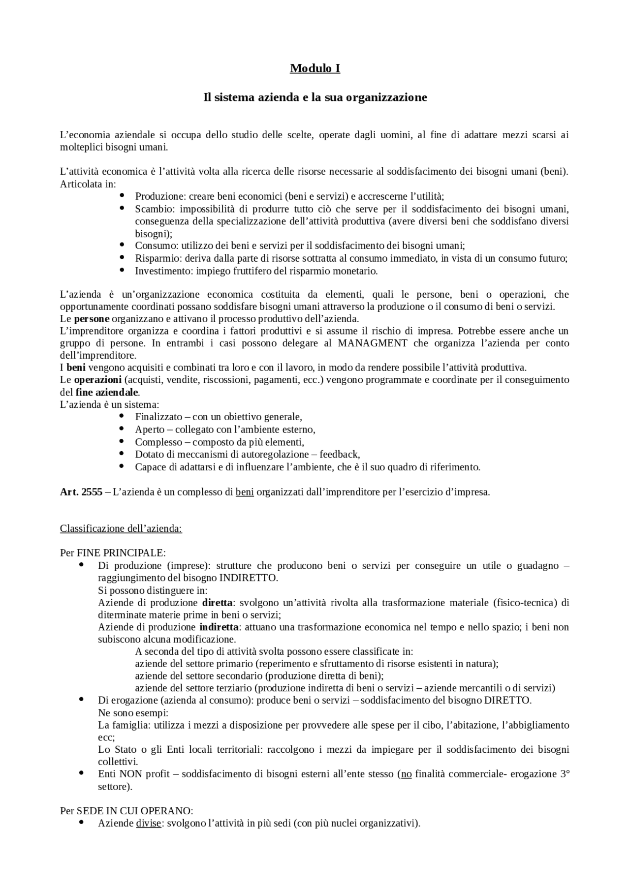 Economia Aziendale Modulo 1 Docsity