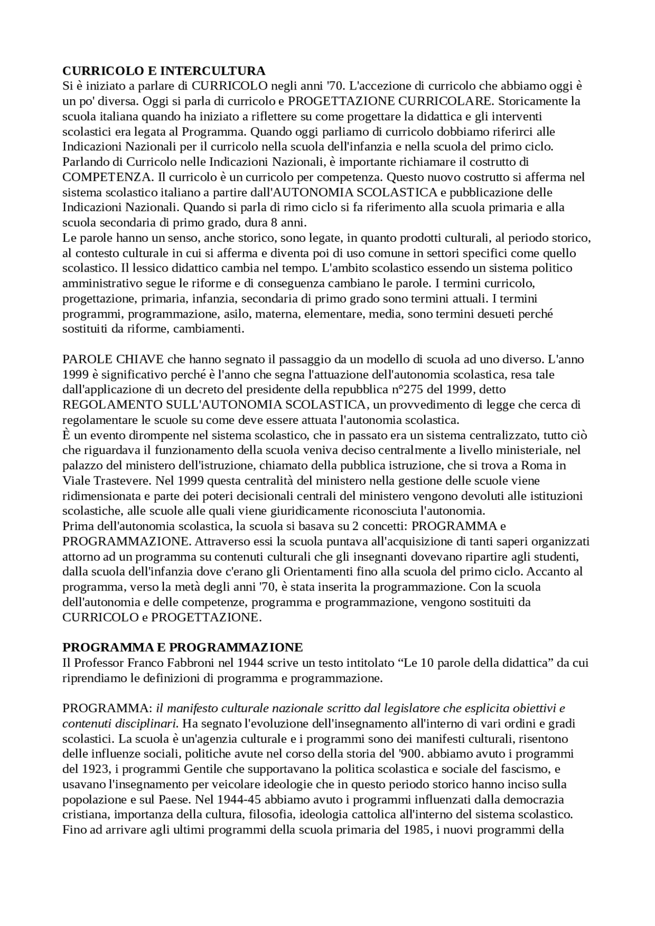 Curricolo e itercultura - Docsity