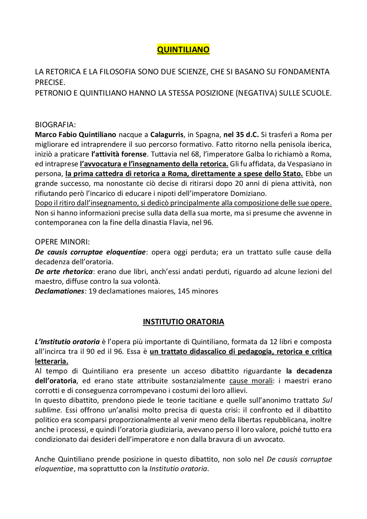 QUINTILIANO, INSTITUTIO ORATORIA: CONTENUTO DELL'OPERA E ANALISI DEI ...
