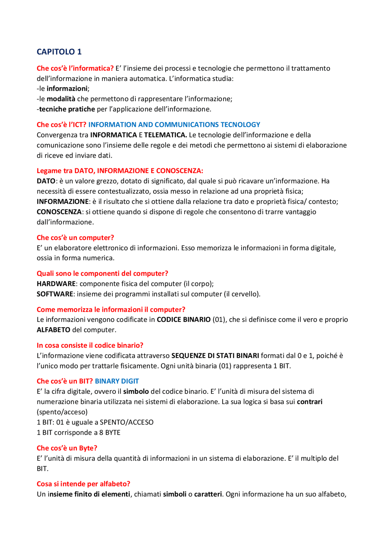 Informatica Di Base Schemi E Sintesi Docsity