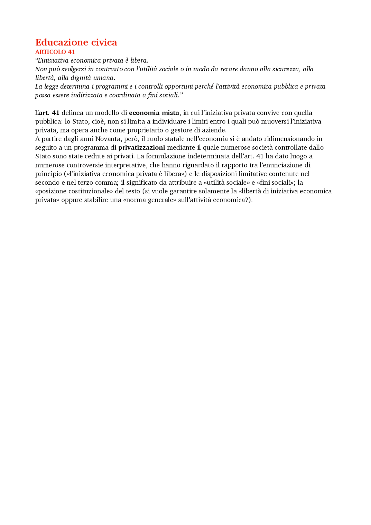 L'articolo 41 della Costituzione - Docsity