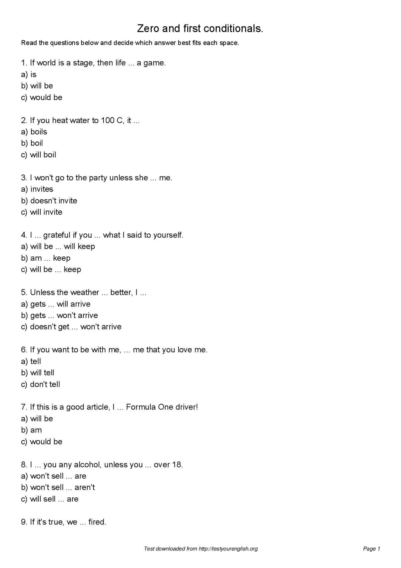 Zero and first conditional | Ejercicios de Inglés | Docsity