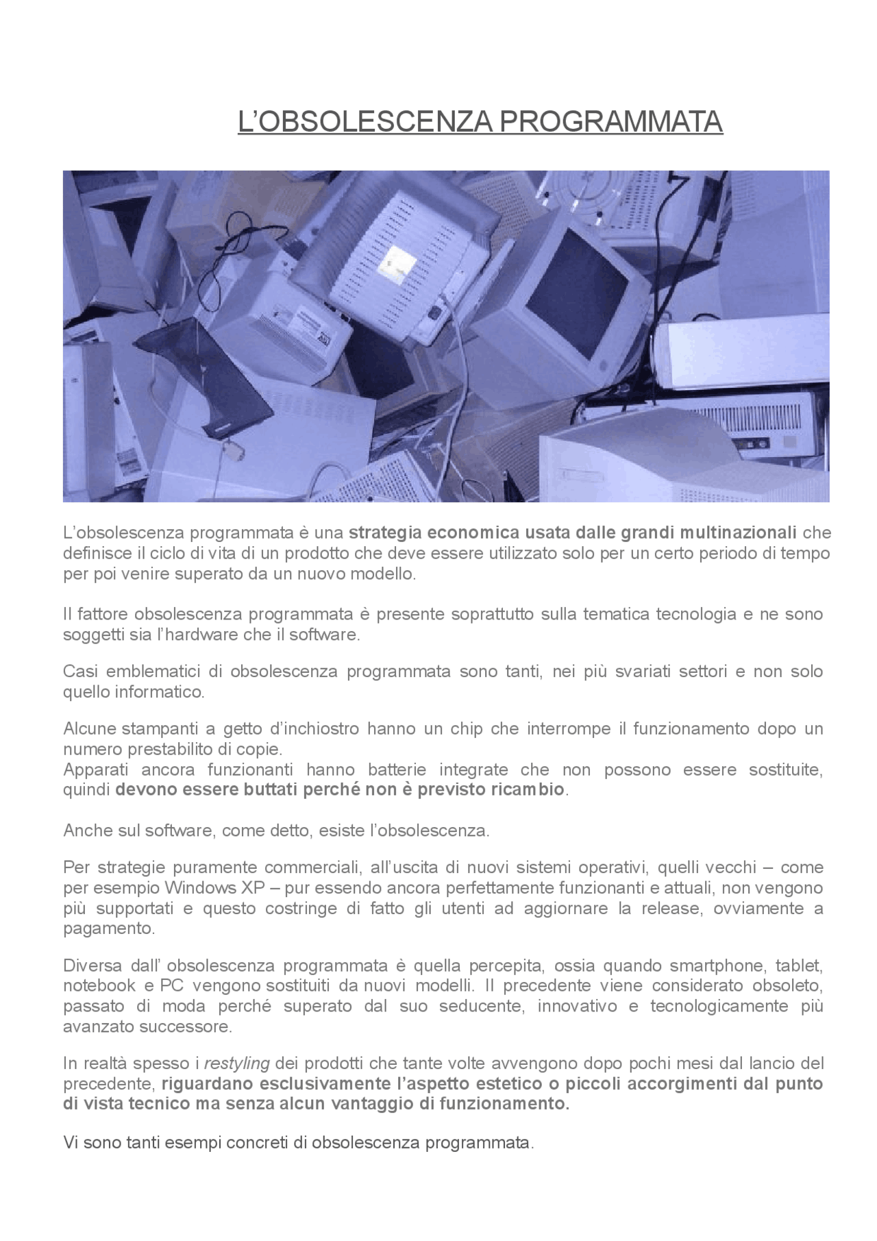 Informatica : L'obsolescenza programmata - Docsity