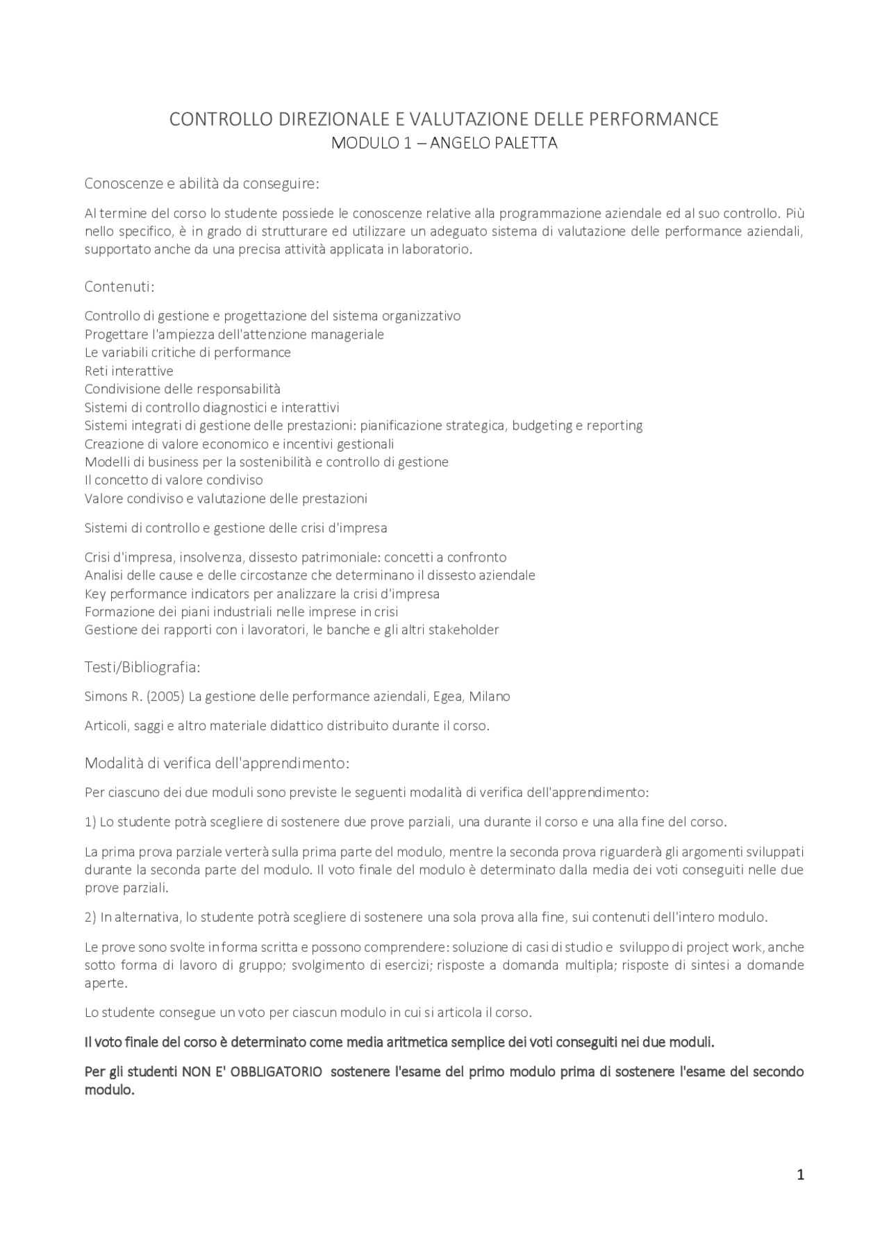 Appunti di Controllo direzionale e Valutazione delle Performance - Prof ...