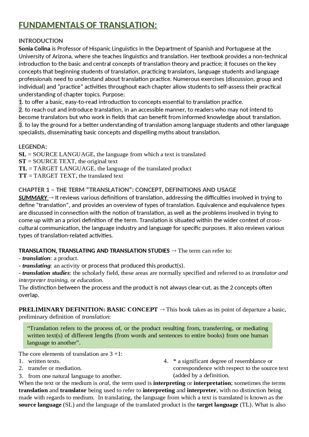 Fundamental of translation, Sonia Colina - Docsity