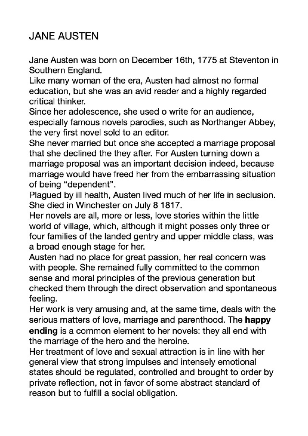 Jana Austen Life and works - Docsity